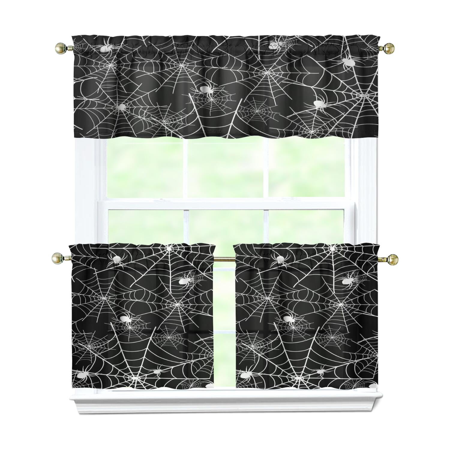 Gothic Halloween Window Curtains Set of 3 - Bat Cobweb Darkness Print ...