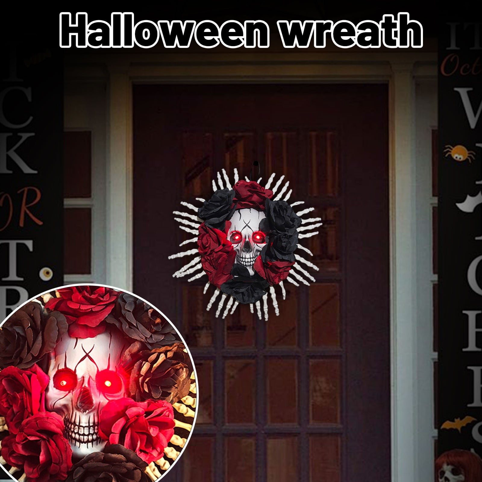 Gothic Halloween Wreath with Hands, Red and Black Roses, Creepy Door ...