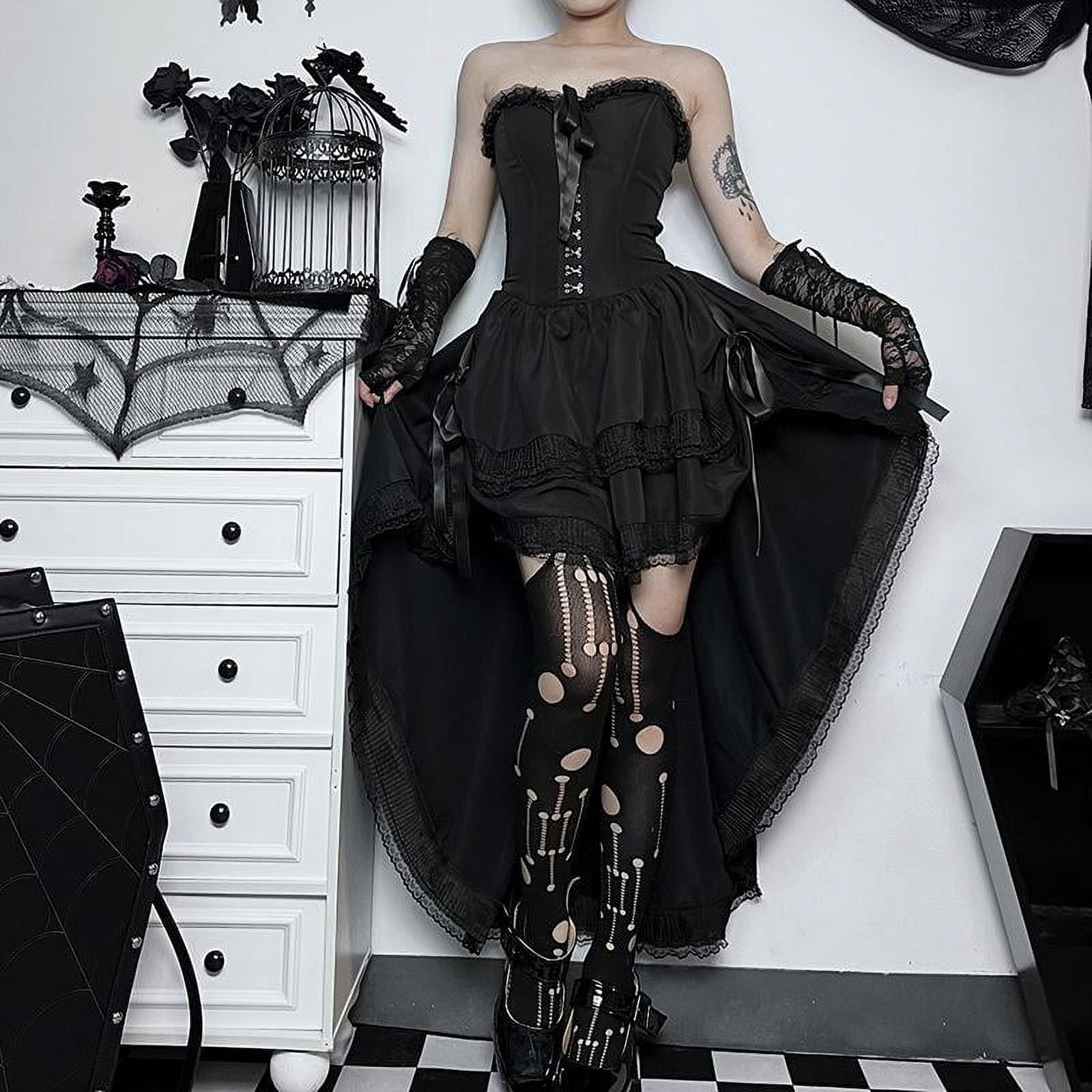 Gothic Hi Low Corset Swing Dress Women Mall Goth Lace Trim Sleeveless ...