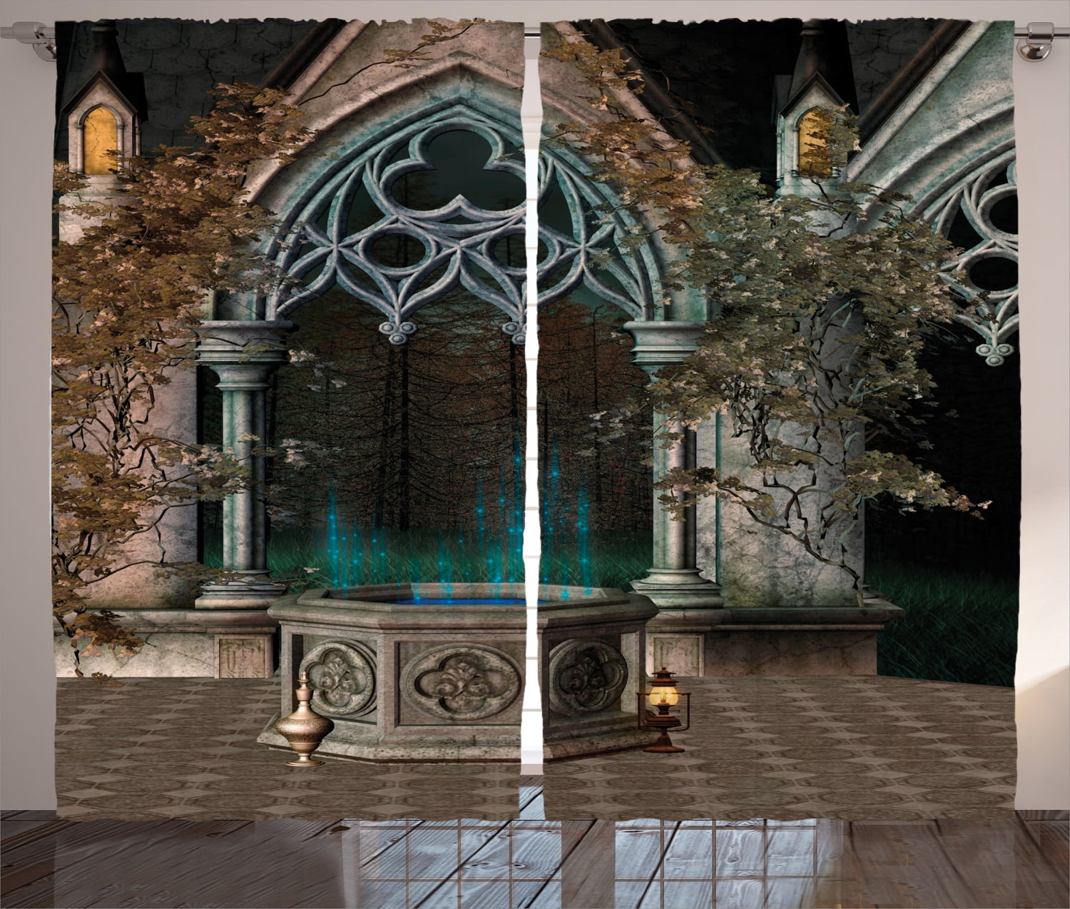 Ambesonne Gothic Curtains 2 Panel Set, Old Gateway to Forest, 108" x 84 ...