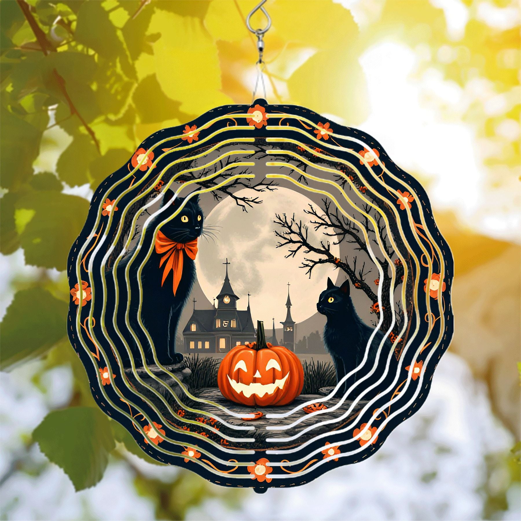 Gothic-Inspired Metal Wind Spinner with Orange Floral Patterns ...