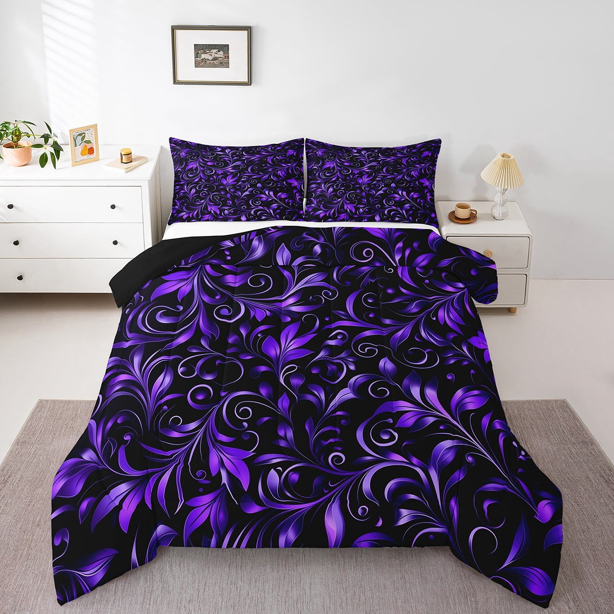 Gothic King Comforter Set Black Purple Damask Goth Bedding Set For ...
