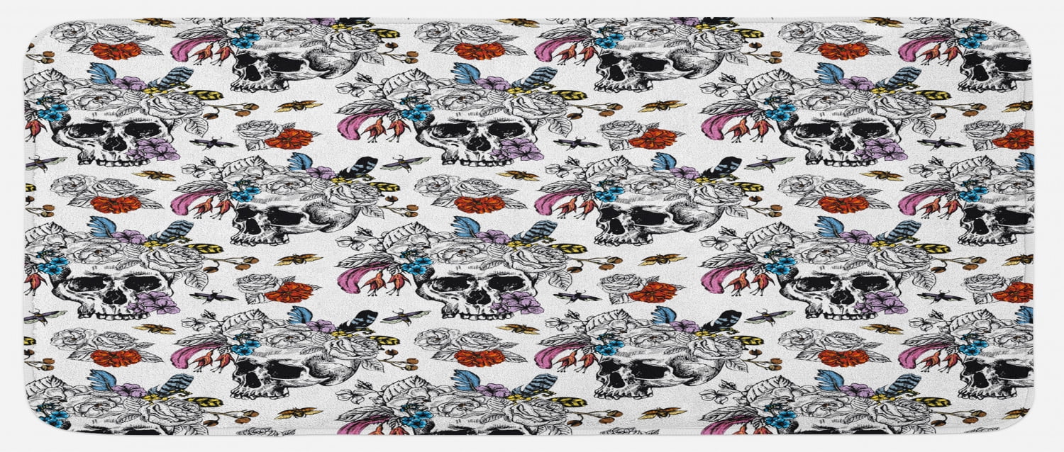 Gothic Kitchen Mat, Day of the Dead Inspired Human Skulls Design with ...