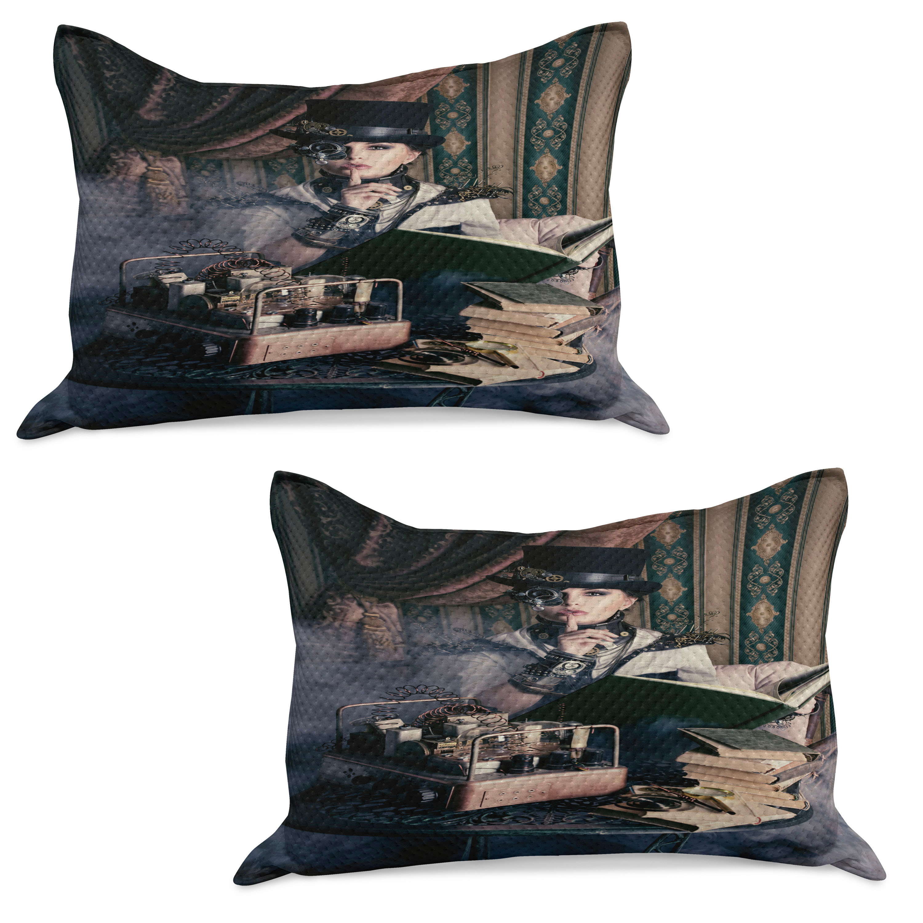Gothic Knitted Quilt Pillowcover Set of 2, Portrait of Steampunk Woman ...