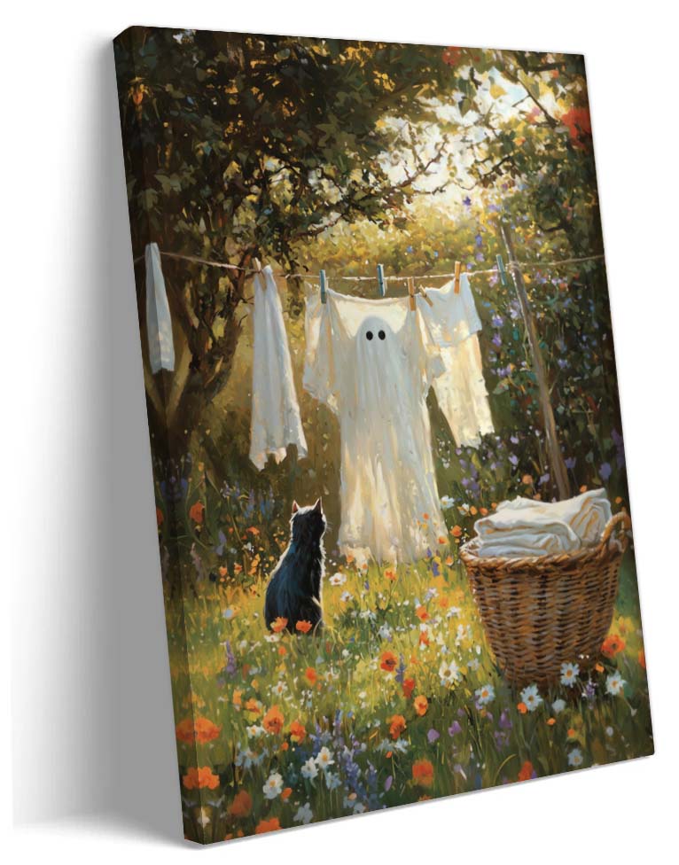 Gothic Laundry Ghost Wall Art, Black Cat Cottagecore Poster, Halloween ...