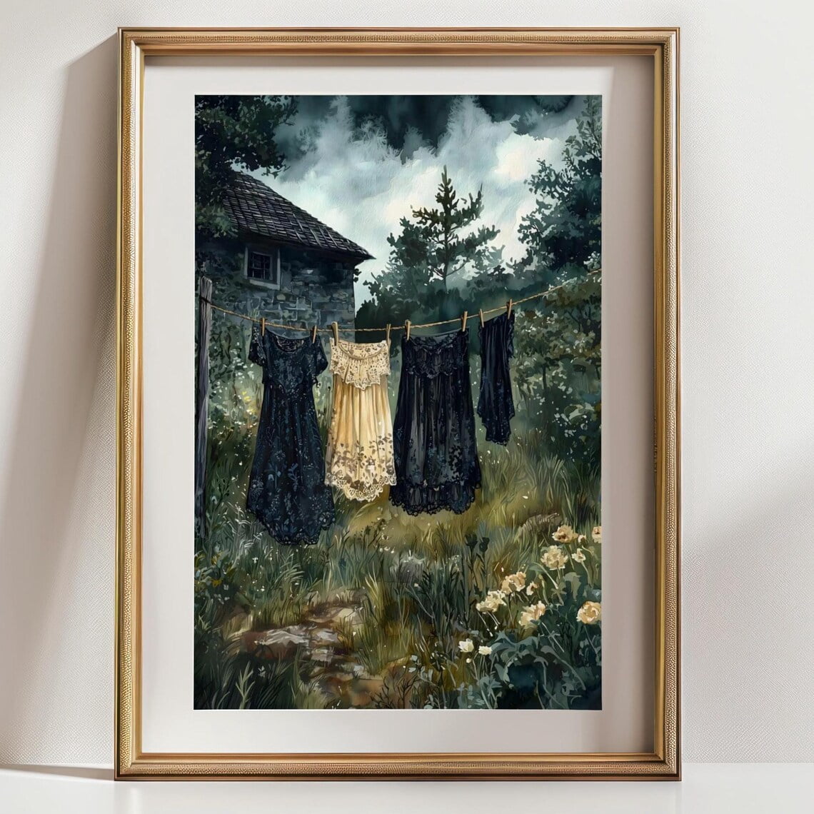 Gothic Laundry Line Art Print – Dark Cottagecore Wall Decor, Moody ...