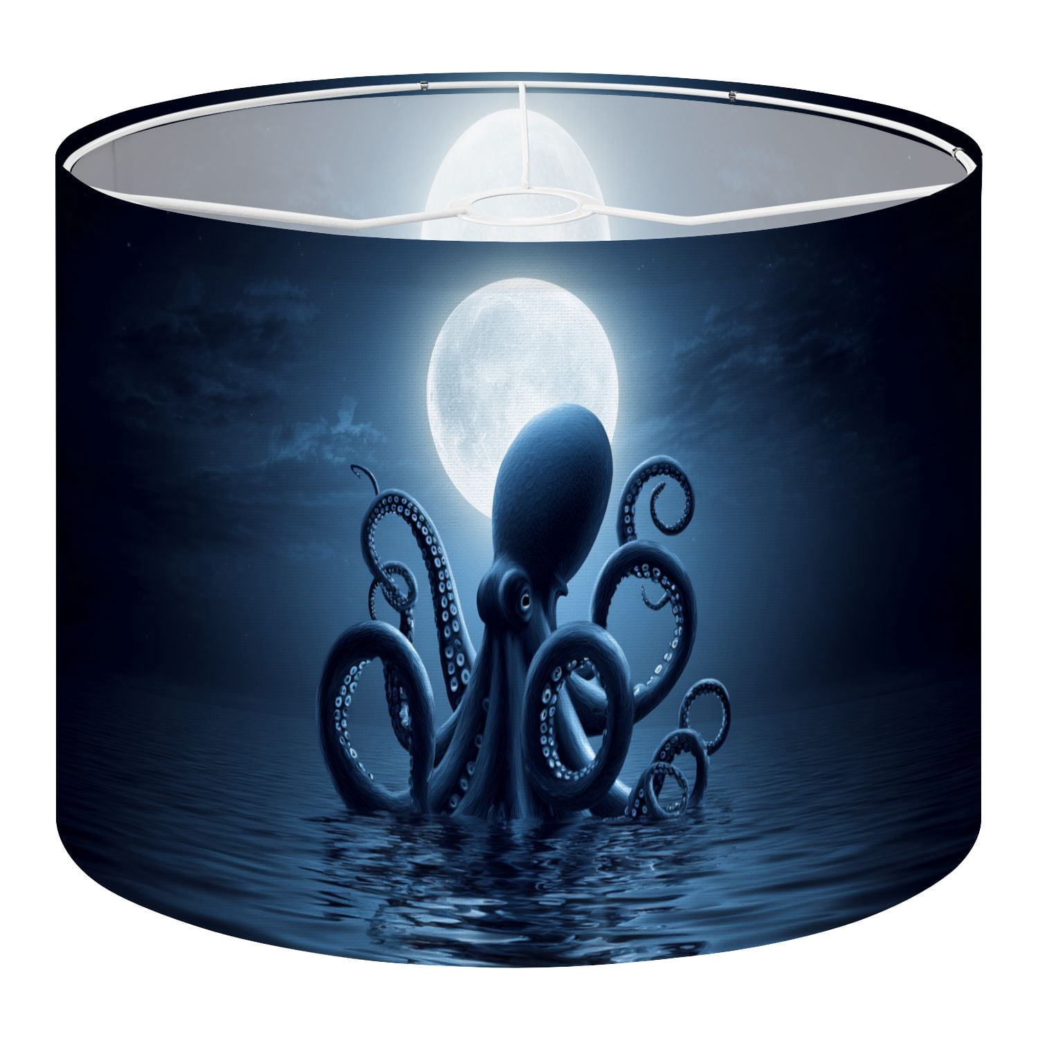 Gothic Linen Drum Lampshades Giant Octopus Emerging Ocean Full Moon ...