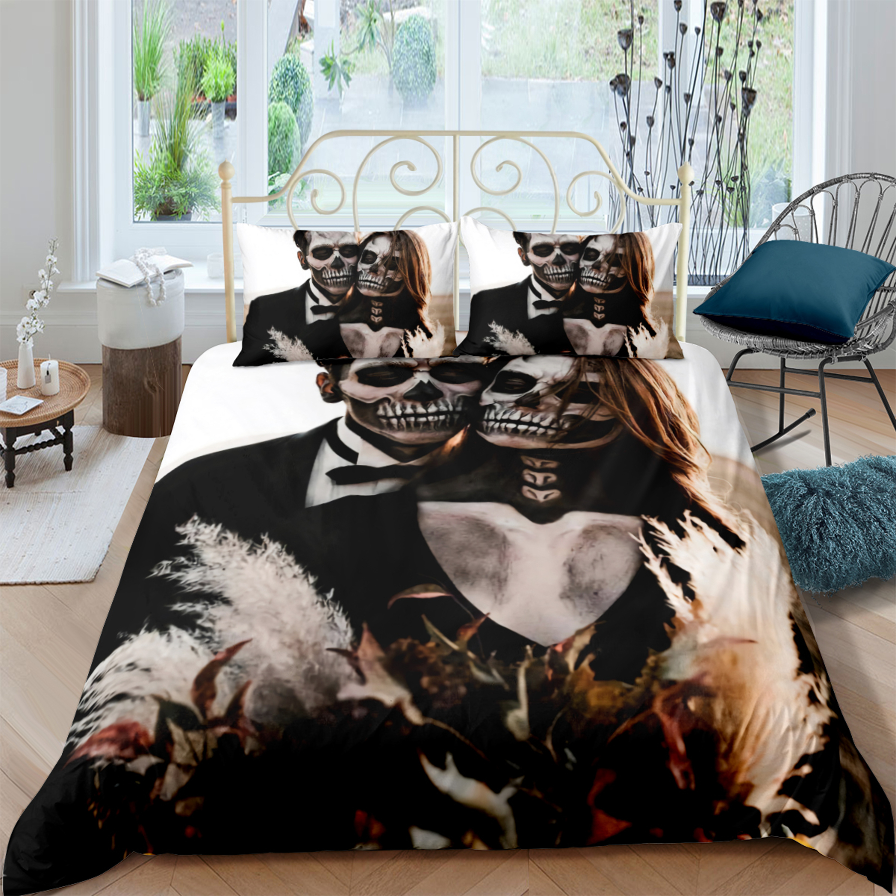 Gothic Makeup Couple Duvet Cover Set Dark Romantic Bedding with Dried ...