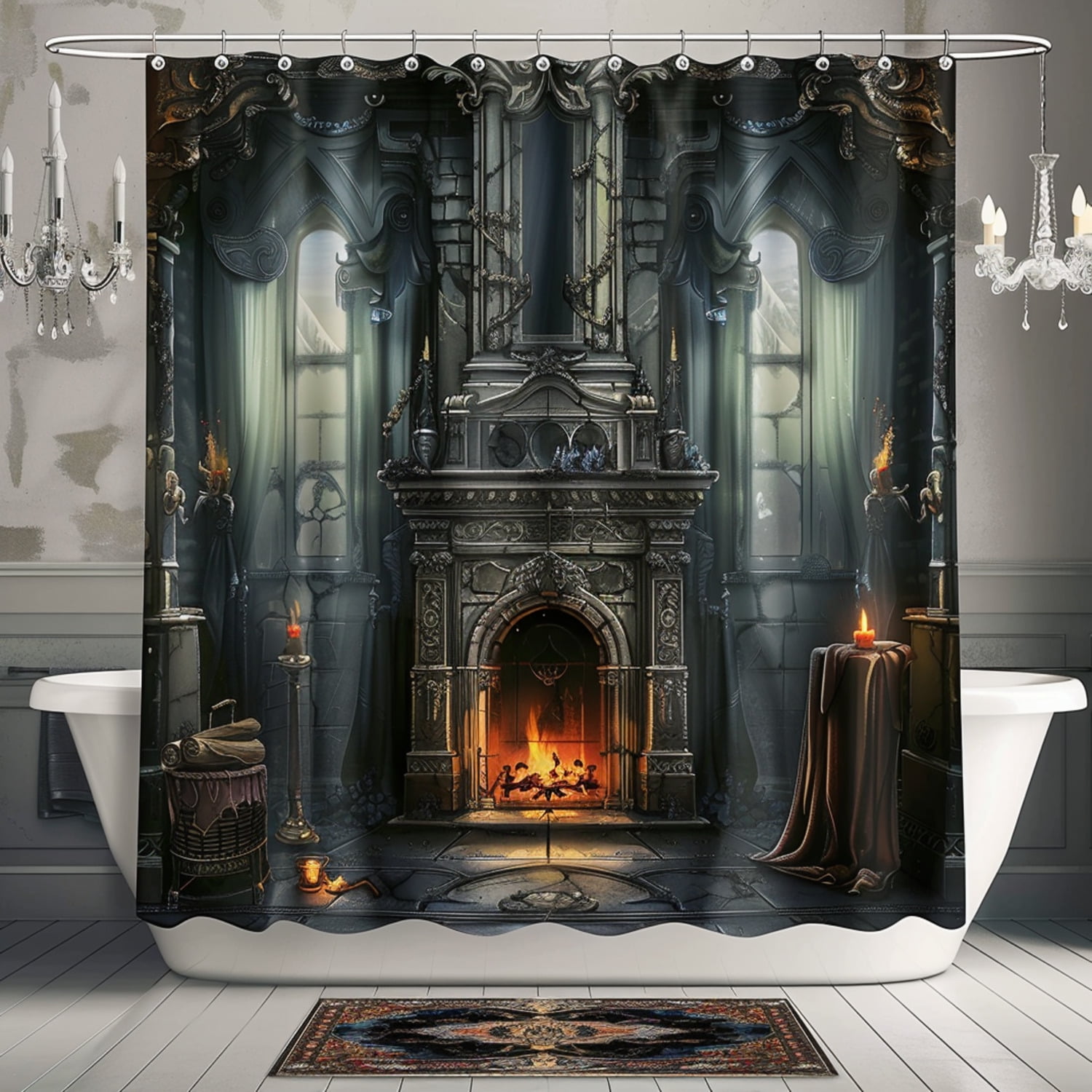 Gothic Mansion Bathroom Fantasy Illustration Shower Curtain with ...
