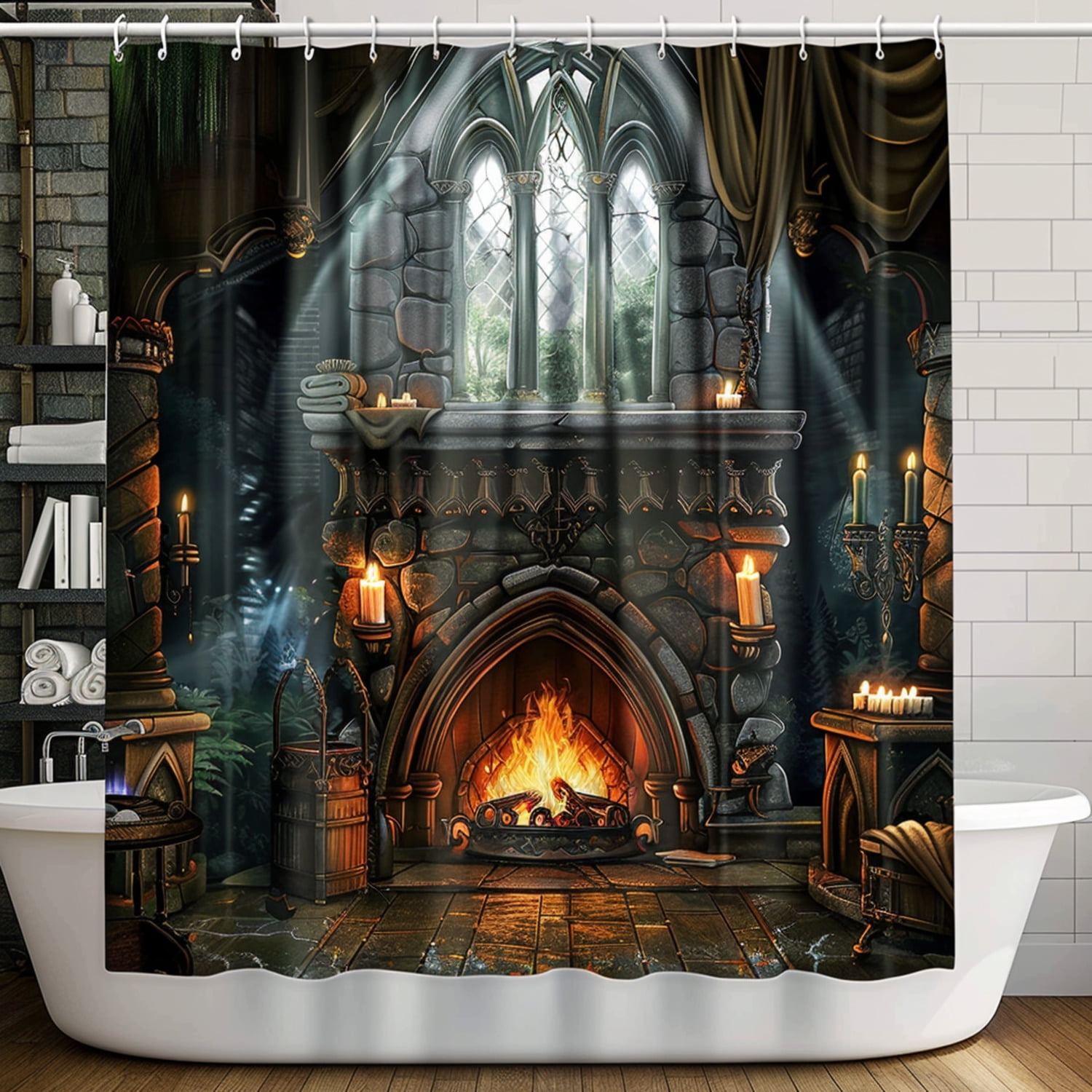 Gothic Mansion Bathroom Shower Curtain with Fireplace Fantasy Art Style ...