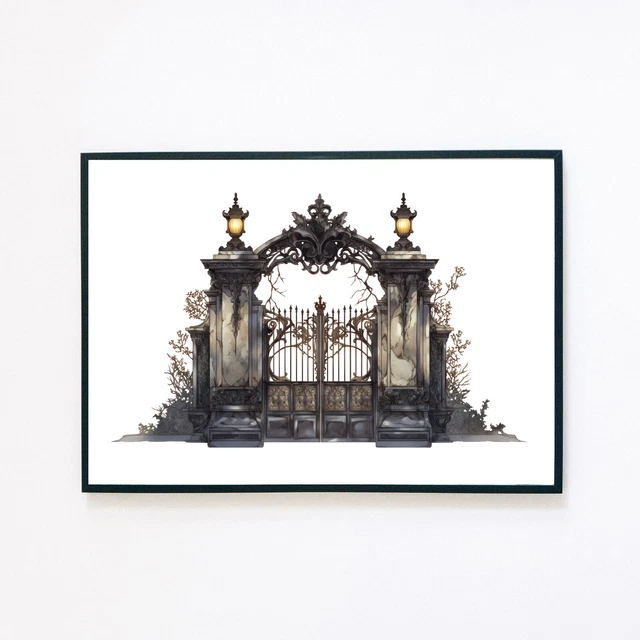 Gothic Mansion Gates Painting Illustration Dark Tattoo 7X5 Wall Decor ...