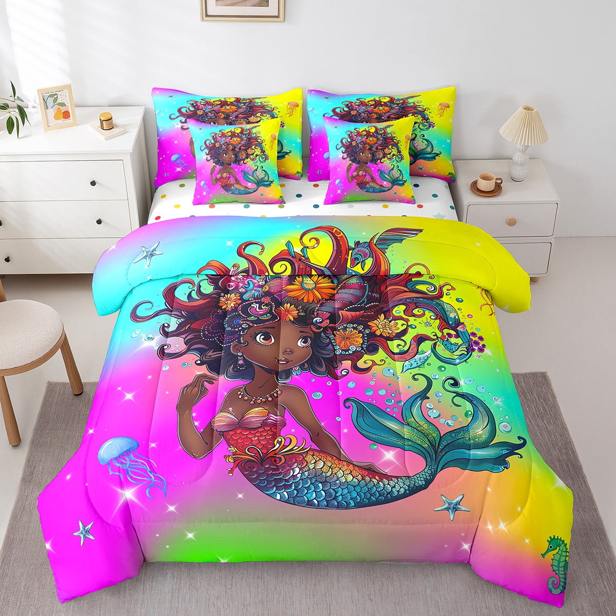 Gothic Mermaid Bed in a Bag Queen Comforter Set 7 Piece,Afro Hair Girl ...