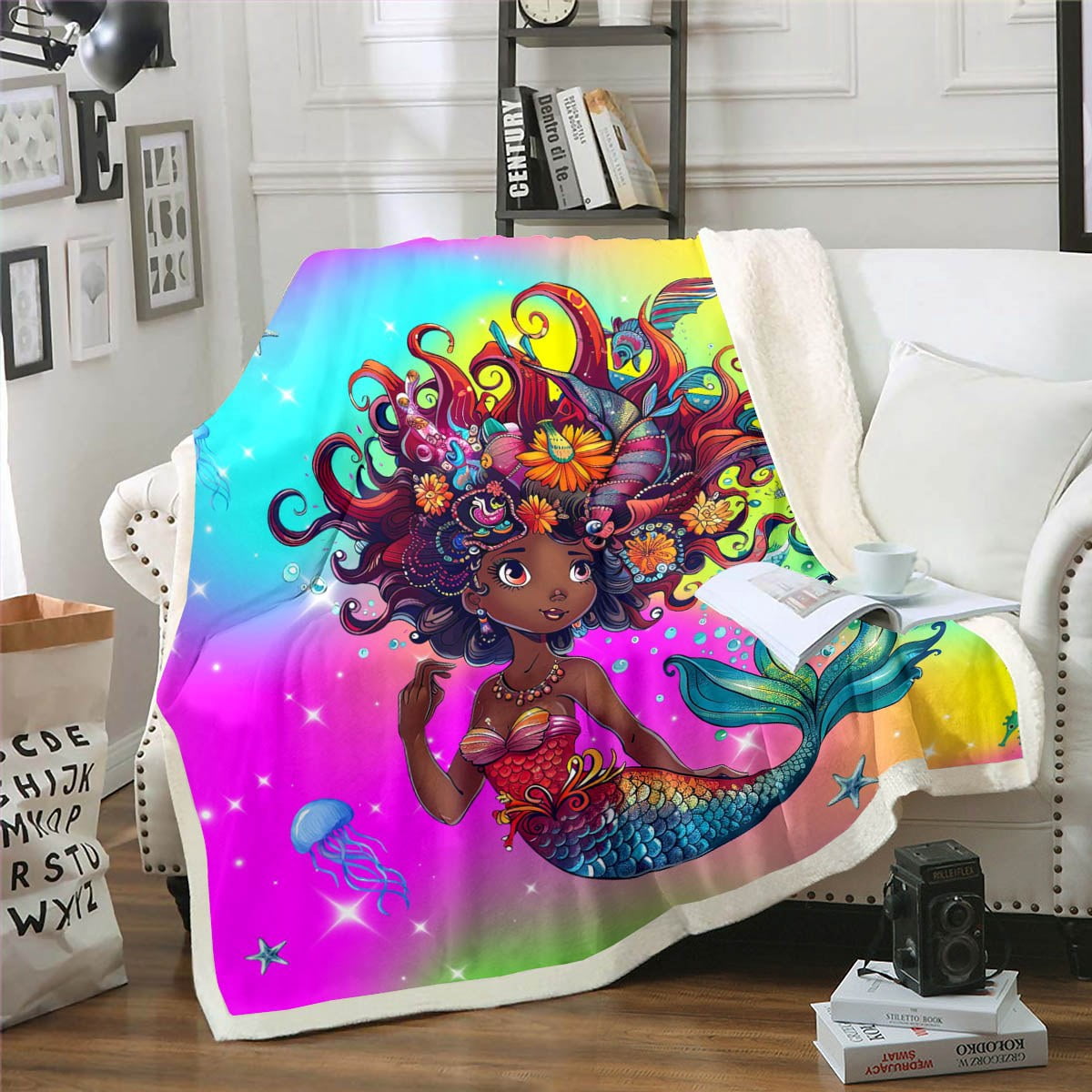 Gothic Mermaid Throw Blanket 90"x90",Black Girls Blanket Afro Girl ...