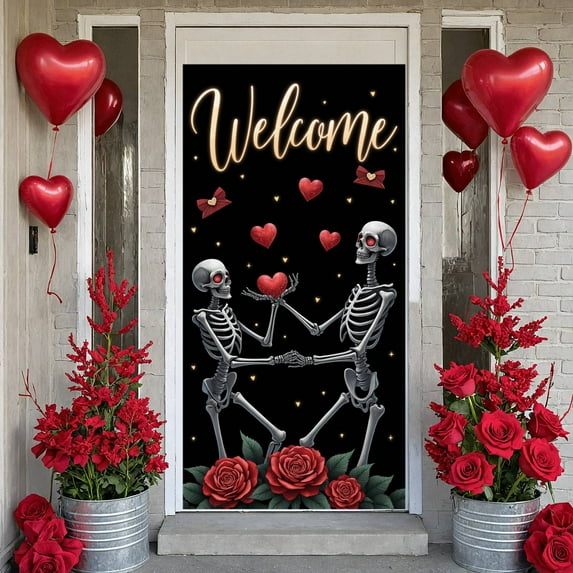 Gothic Be Mine Banner Skeleton Pattern Skeleton Love Display Red Heart ...