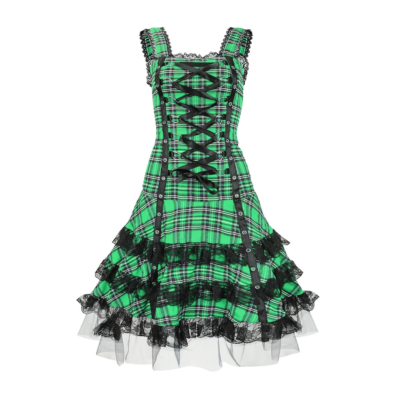 Gothic Mini Dress for Women Punk Plaid Corset Costume Lace Up Ruffle ...