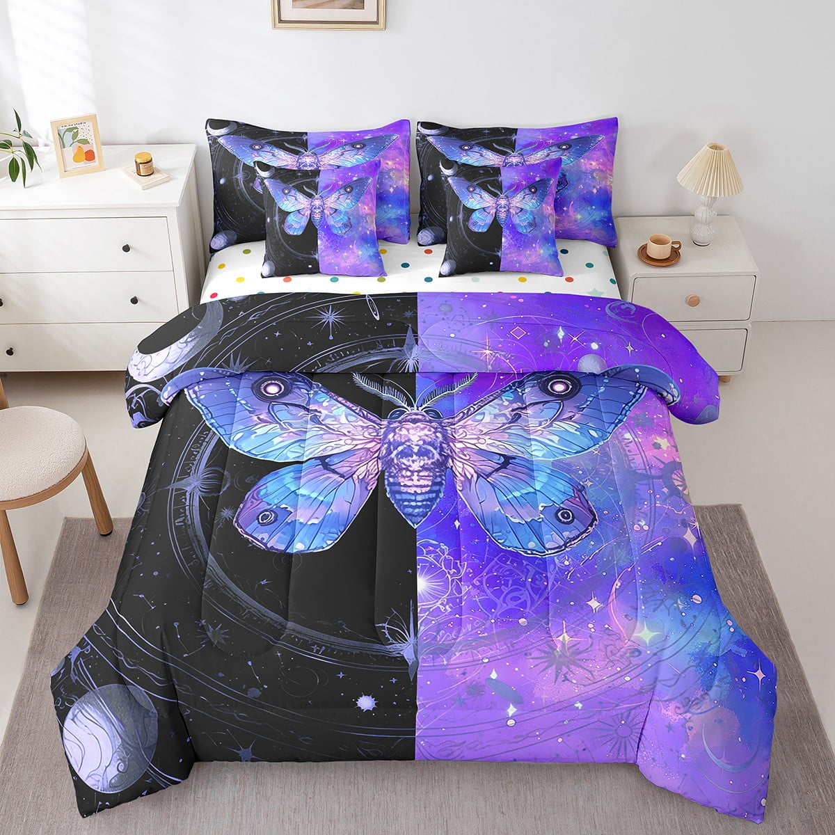 Gothic Moth 7 Piece Comforter Set Full Bed in a Bag Purple Galaxy Sheet ...
