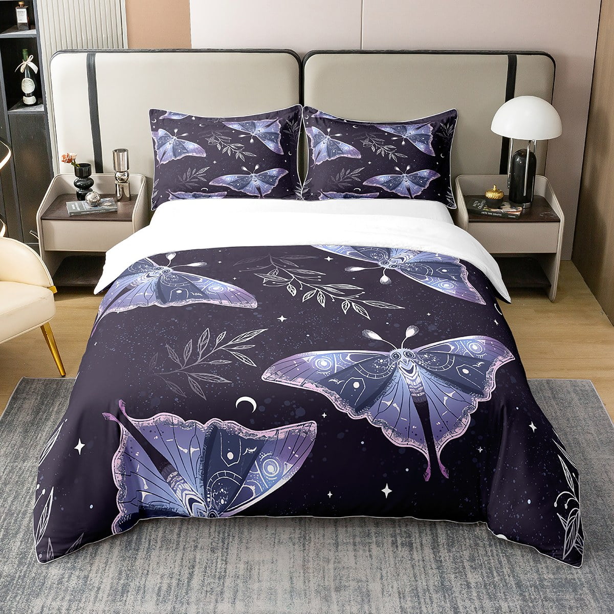 Gothic Moth Bedding Set 100% Cotton Purple Butterfly Duvet Cover Queen ...