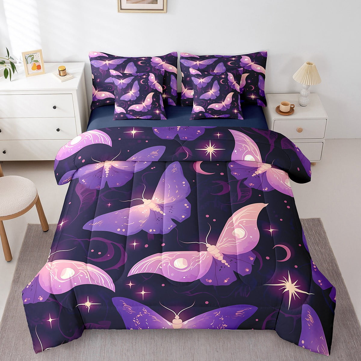 Gothic Moth Comforter Set 7 Pcs,Purple Death Moth Butterfly Bedding Set ...