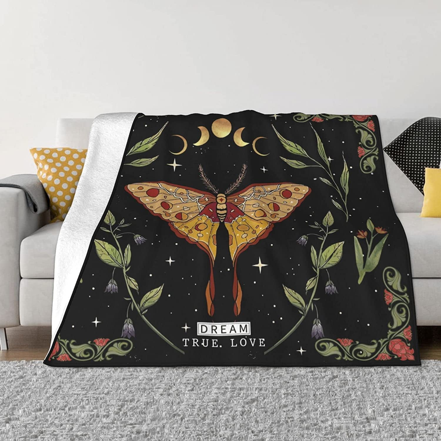Gothic Moth Flannel Blanket Home Decor Sun Moon Star and Florals Witchy ...