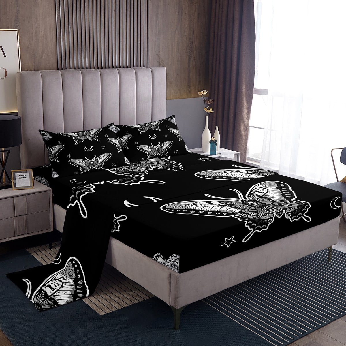 Gothic Moth Sheet Set Twin Size 3 Pieces,Sugar Skull Fitted Sheet For ...