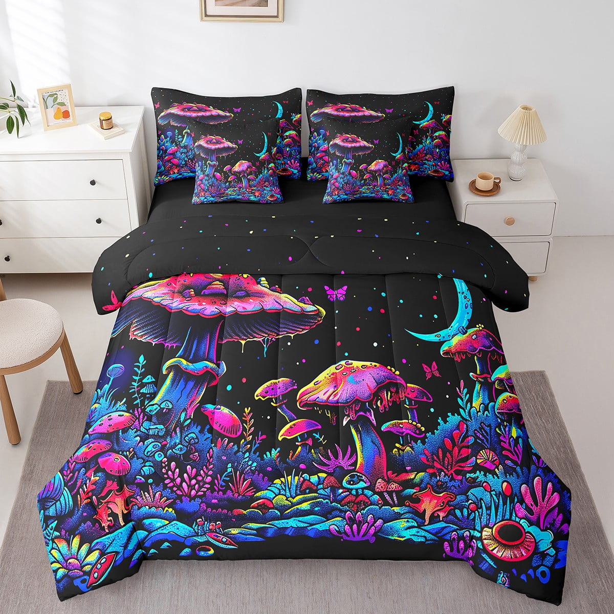 Gothic Mushroom Comforter Set 7 Piece Bed in a Bag Twin,Hippie Graffiti ...