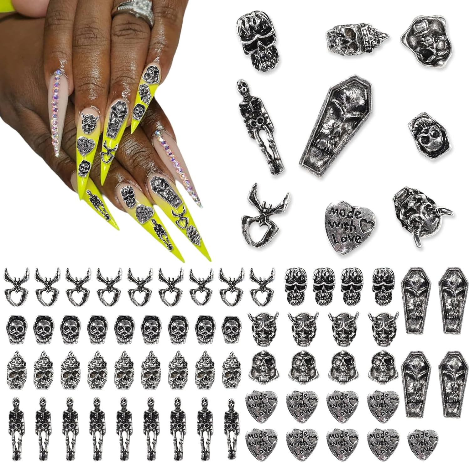 Gothic Nail Charms - 70pc 3D Metal Embellishments for Acrylic Nails ...