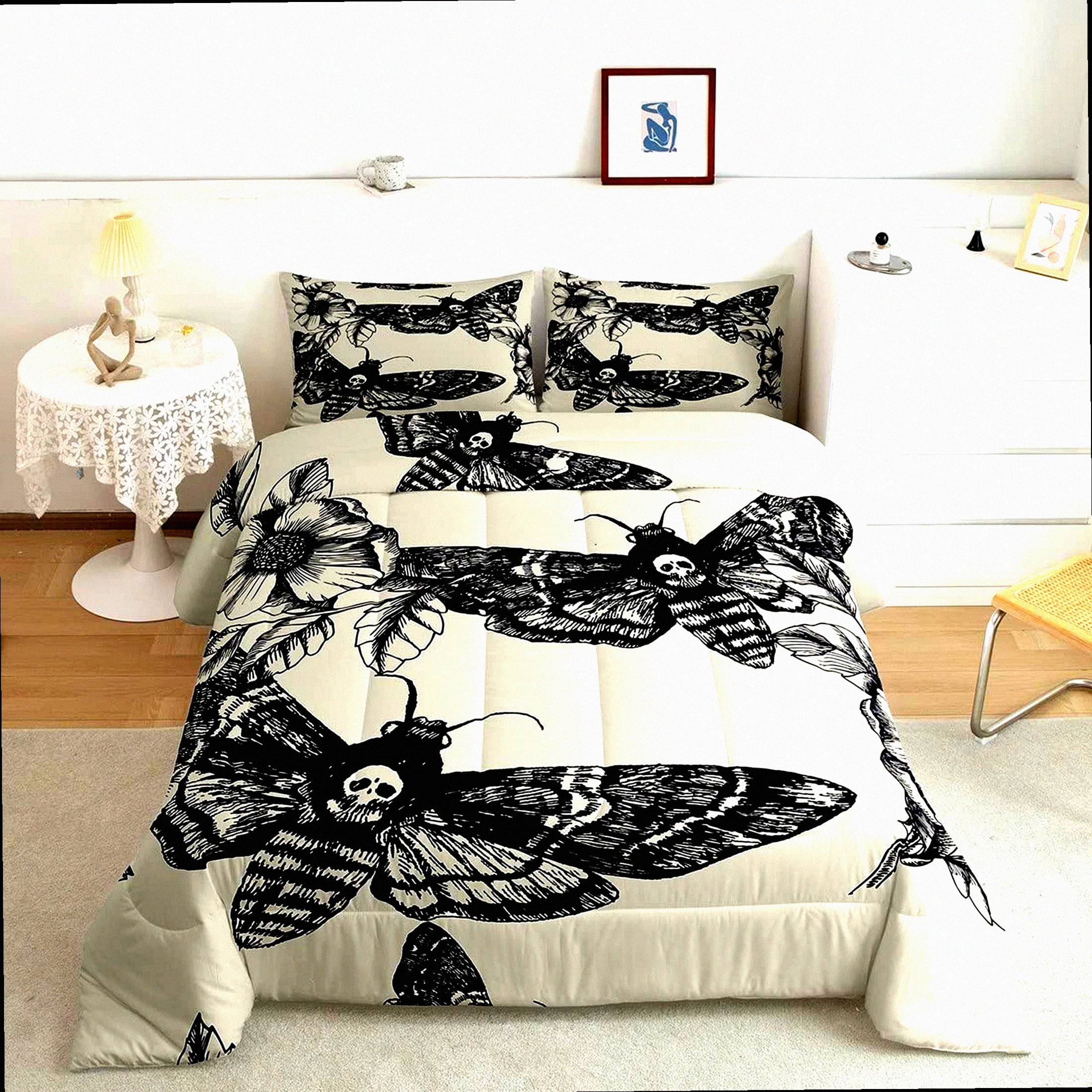 Gothic Nature Comforter Set - Skull Flower Bedding Kit - Grey Black ...