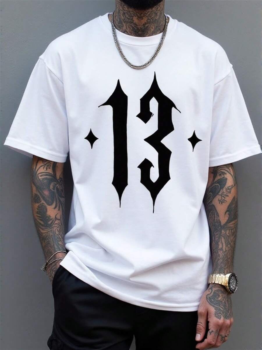 Gothic Number 13 T-Shirt - Oversized Black & White Tee with Bold Chest ...