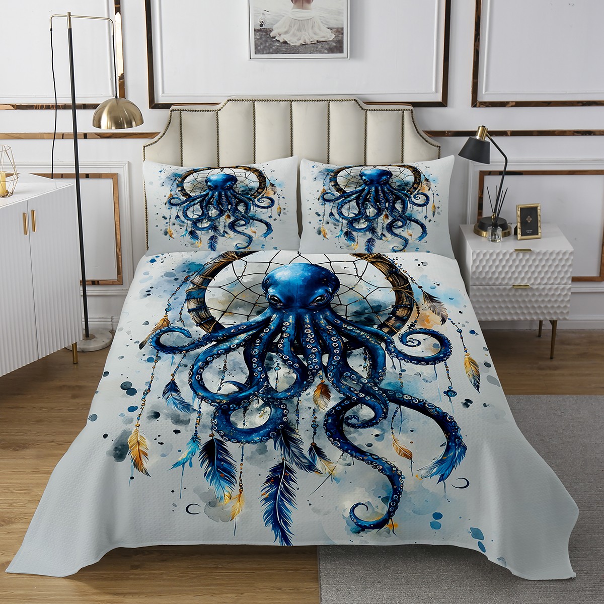 Gothic Octopus Quilt Set Dream Catcher Bedspread Set King,Boho Feather ...