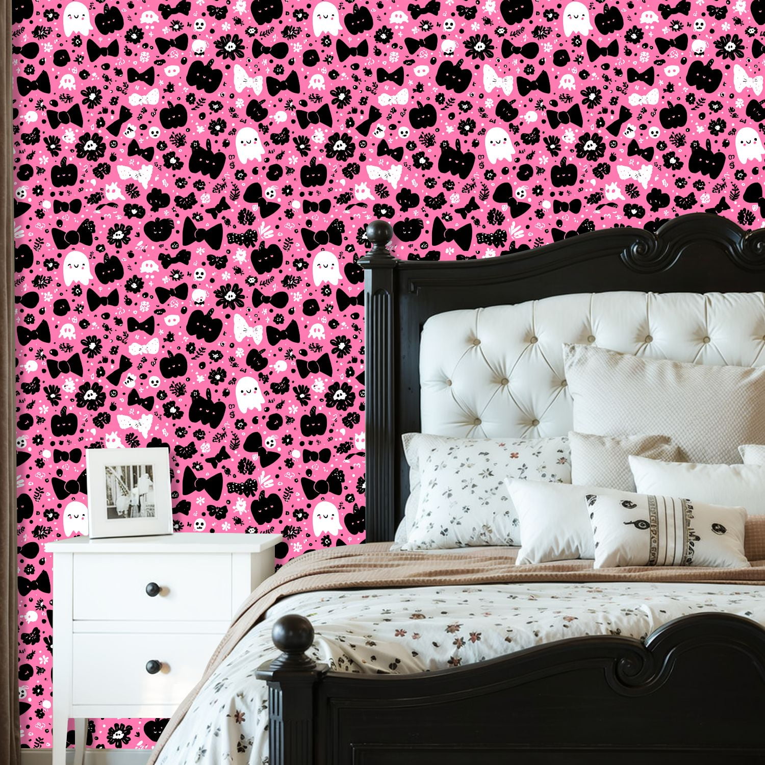 Gothic Peel and Stick Wallpaper Cute Halloween Preppy Pink Bow Coquette ...