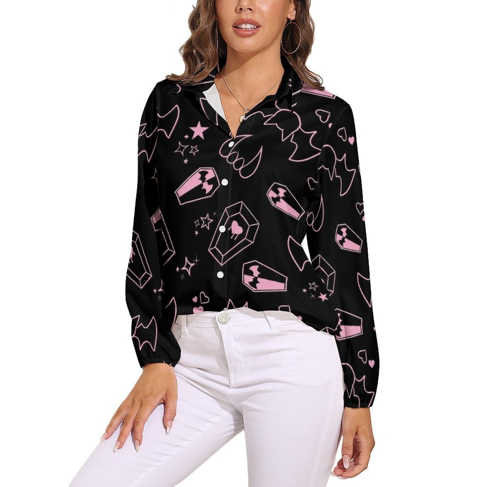 Gothic Pink Bat Coffin Pattern Vntage Casual Long Sleeve Shirt Blouse ...