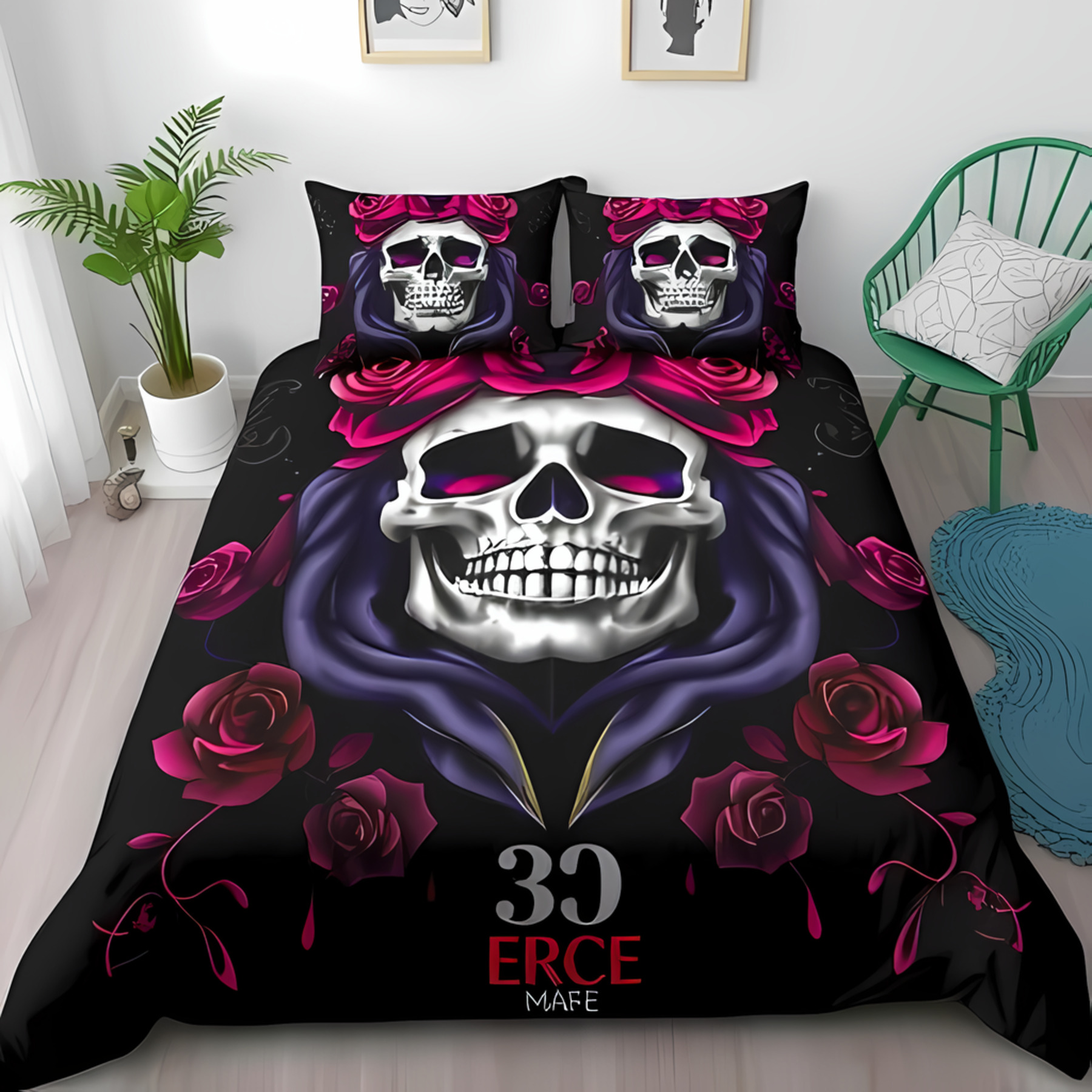 Gothic & Pink Roses Bedspread Set Dark Floral Design with Cloaked ...