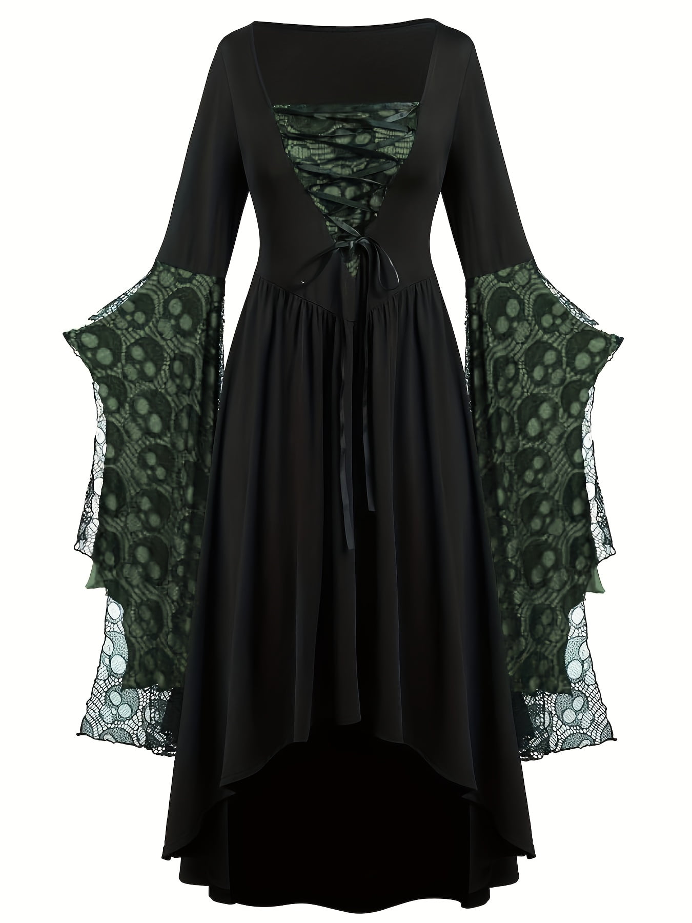 Gothic Plus Size Witch Dress with Skull Lace Bell Sleeves, Adjustable ...