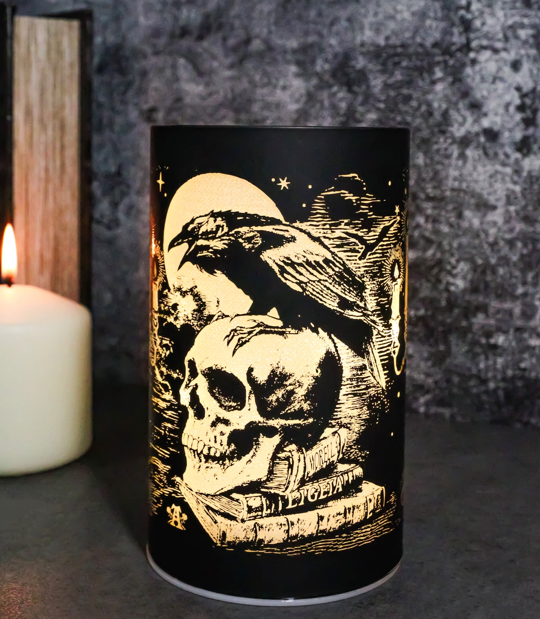 Gothic Poe's Raven On Skull And Books Of Bibliography LED Etched Glass ...
