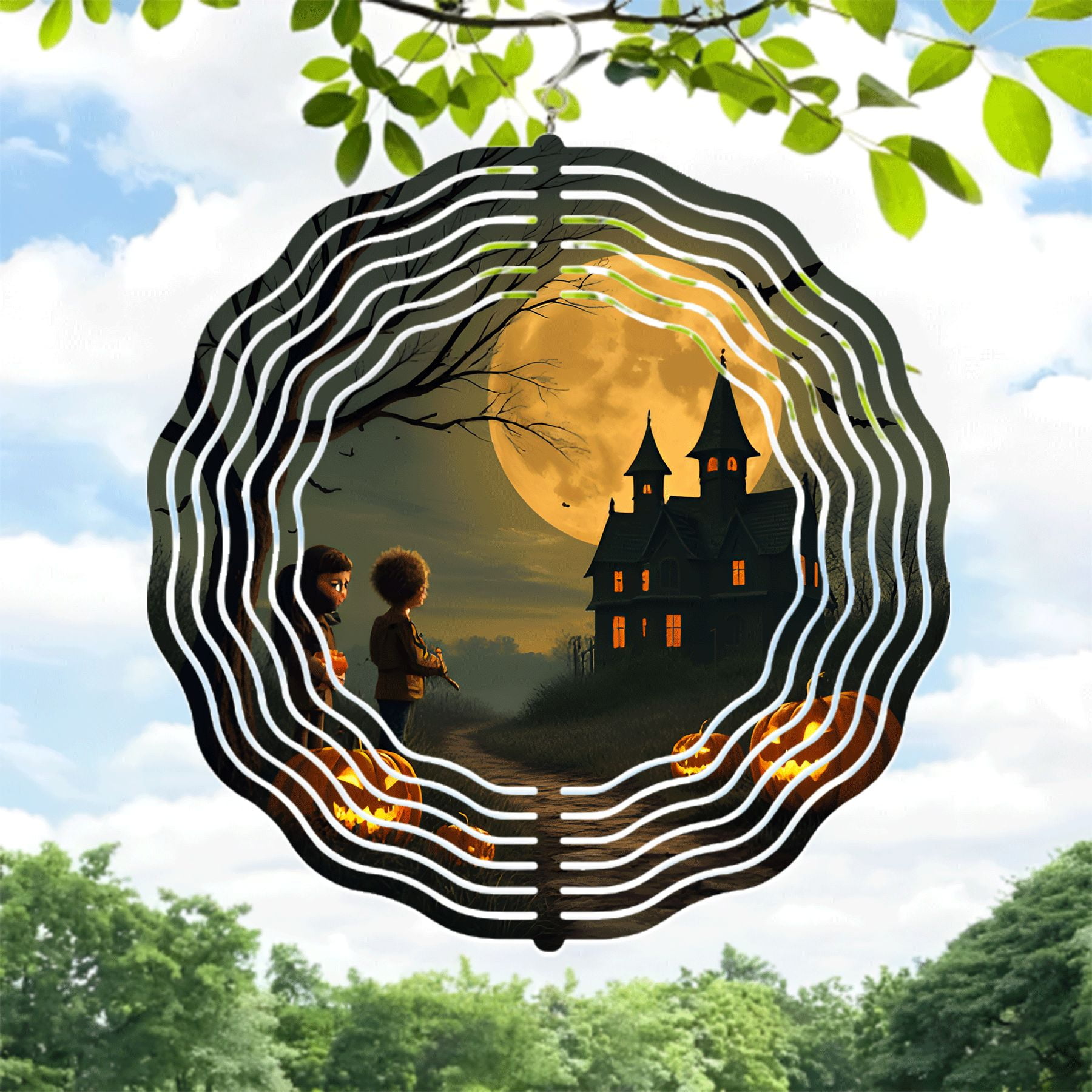 Gothic Pumpkin Scene Metal Wind Spinner - Spooky Yard Decor with ...