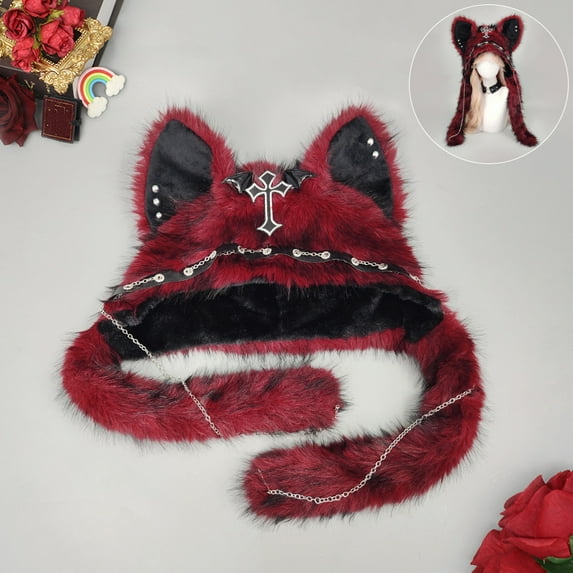 Gothic Punk Cat-Ear Plush Winter Hat, Warm Fuzzy Soft Fleece Beanie ...