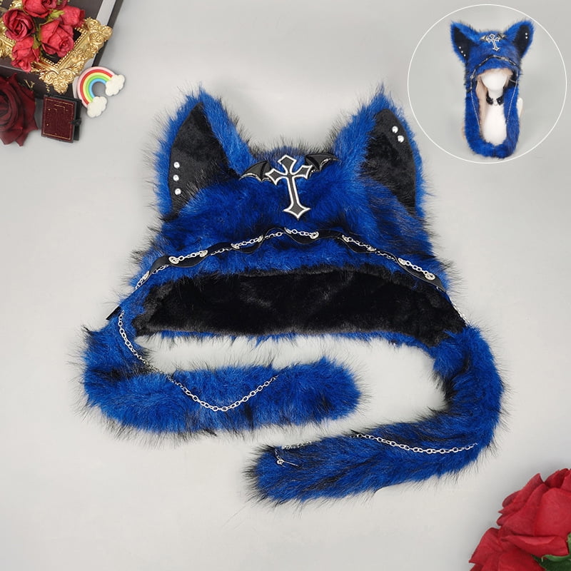 Gothic Punk Cat-Ear Plush Winter Hat, Warm Fuzzy Soft Fleece Beanie ...