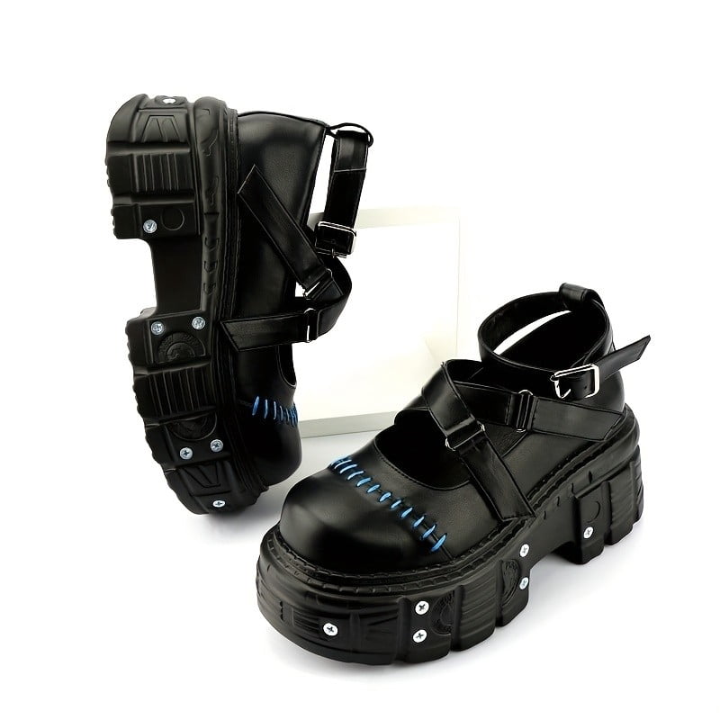 Gothic Punk Style Round Toe Shoes Thick Sole Platform Chunky Heels ...