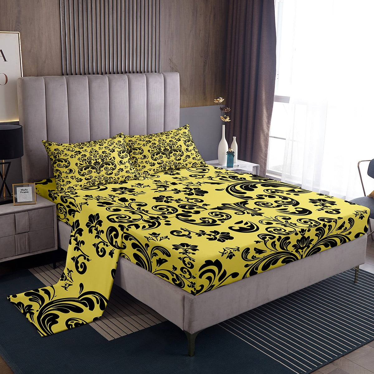 Gothic Queen Bed Sheets Gold Black Damask Floral Bedding Set Goth ...