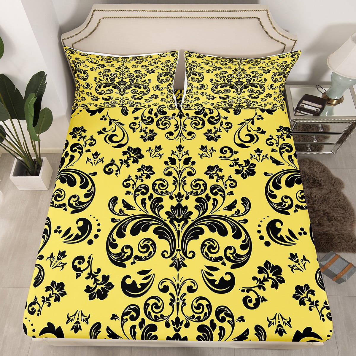 Gothic Queen Fitted Sheet Gold Black Damask Floral Bedding Set Goth ...