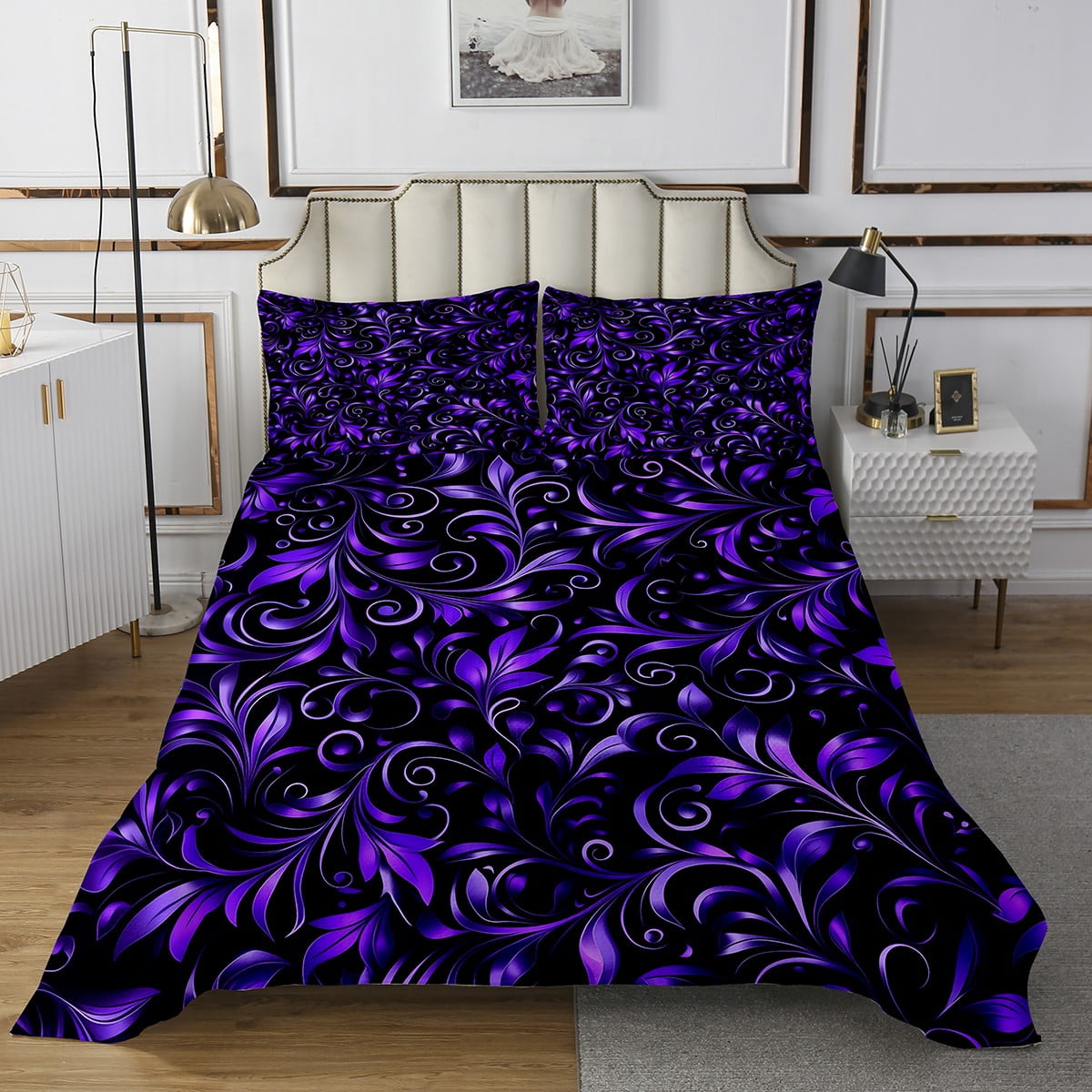 Gothic Queen Quilt Set Black Purple Damask Goth Bedspread Set For ...