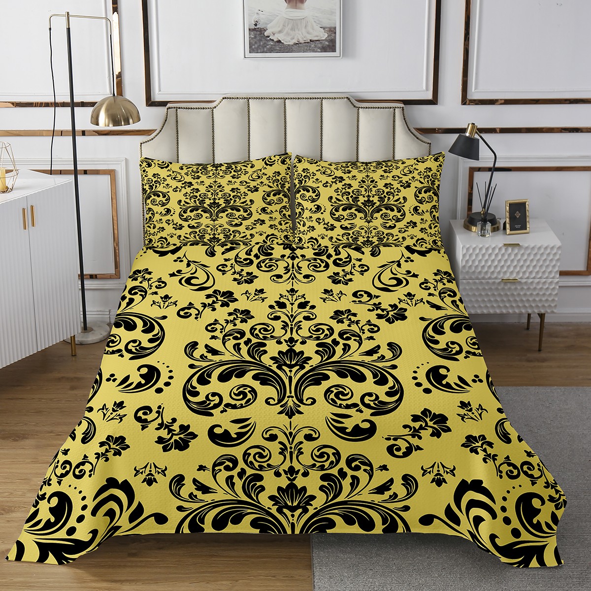 Gothic Queen Quilt Set Gold Black Damask Floral Coverlet Set Goth ...