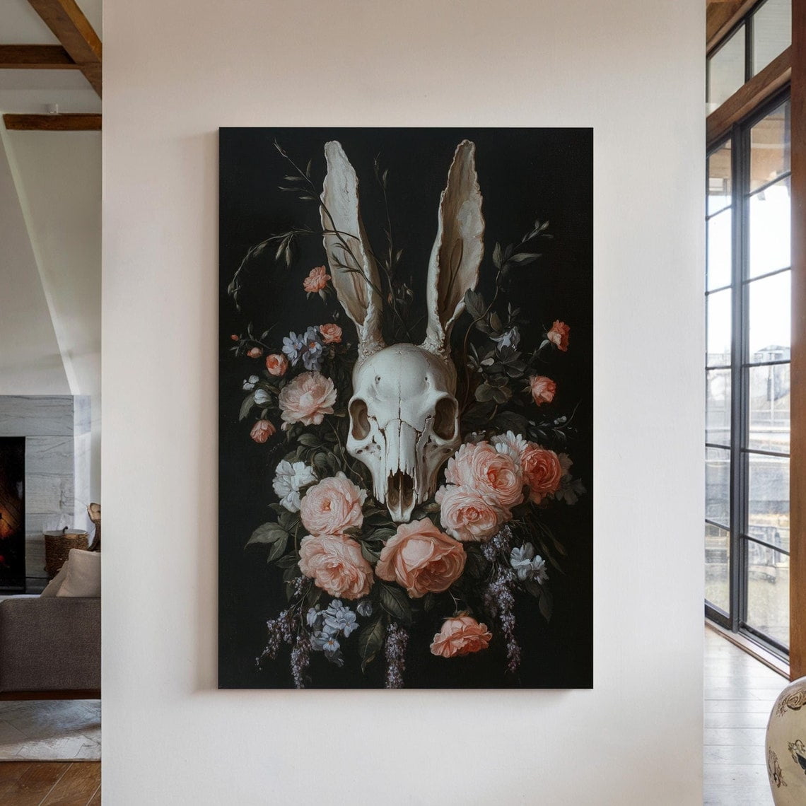 Gothic Rabbit Skull Floral Art, Dark Aesthetic Wall Decor, Macabre ...