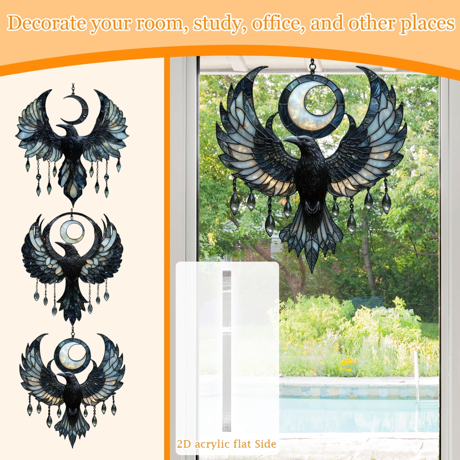 Gothic Raven & Crescent Moon Suncatcher, Acrylic Window Hanging with ...