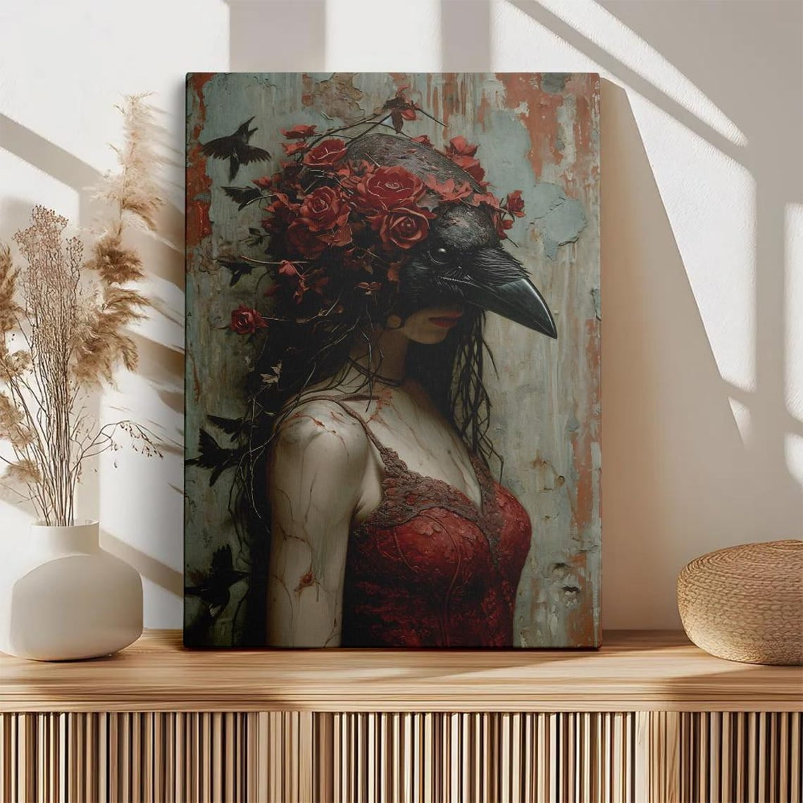 Gothic Raven Mask Woman Art Poster – Dark Fantasy Red Rose Home Decor ...