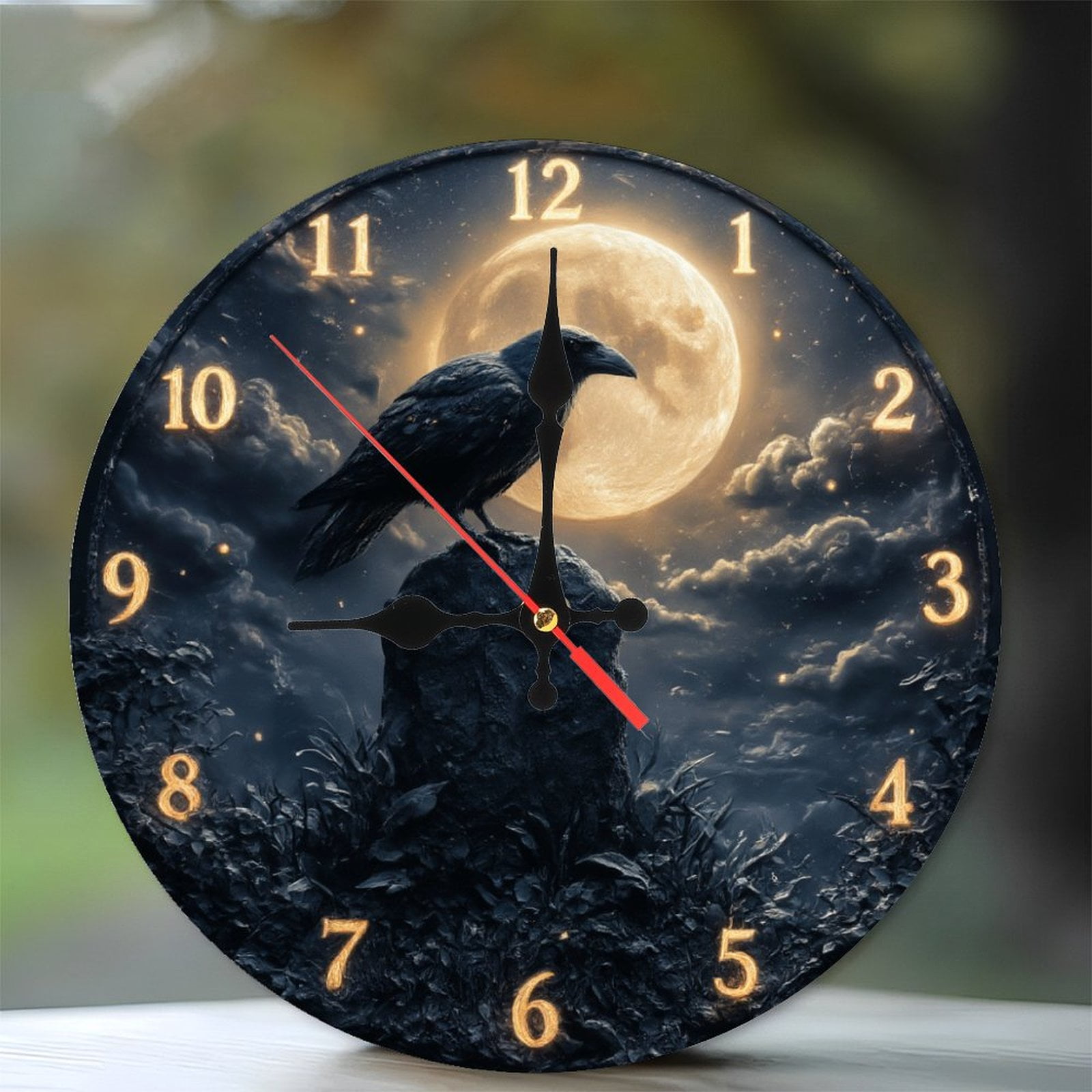 Gothic Raven Moon Clock Fantasy Art Home Decor 10-Inch Silent Wooden ...