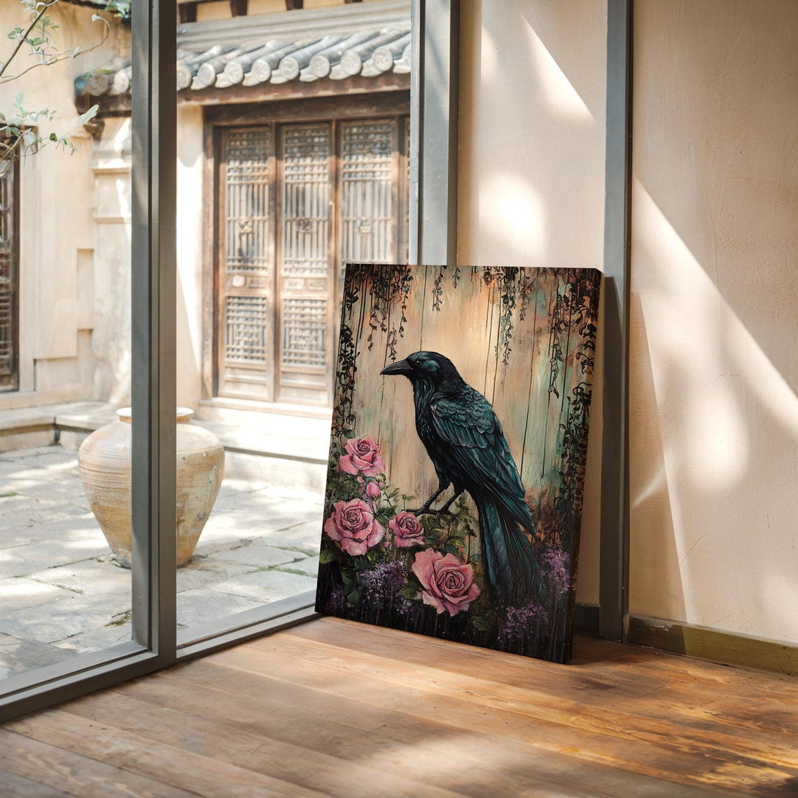 Gothic Raven And Pink Rose Garden Wall Art For Mysterious And Romantic ...