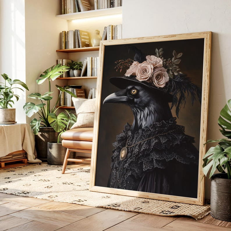 Gothic Raven Portrait Wall Art Victorian Bird with Roses - Walmart.com