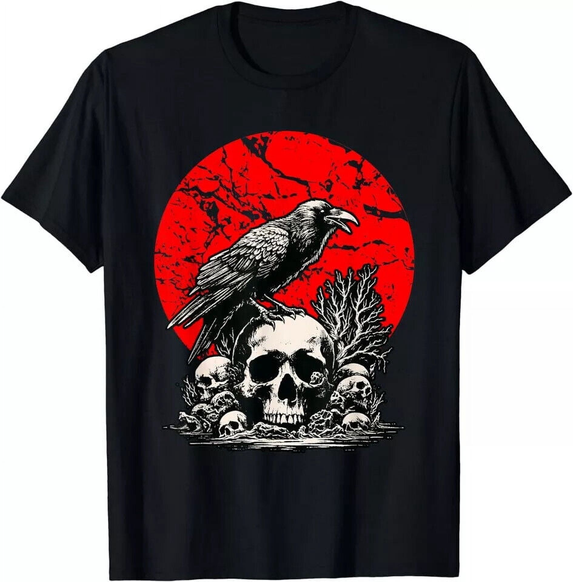 Gothic Raven Skull Red Moon Graphic Black Crow Tee - Walmart.com