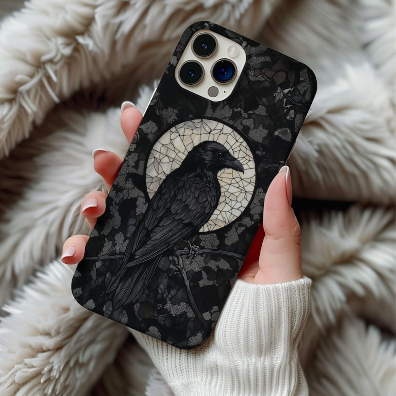 Gothic Raven Stained Glass Phone Case Compatible with iPhone 11 to 16 ...